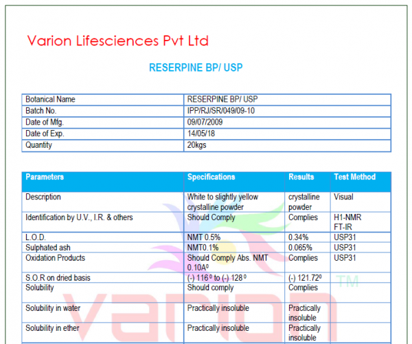 Reserpine - Varion lifesciences private limited